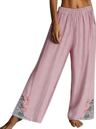 Generic Pantalon Palazzo l&eacute;ger &agrave; jambes larges pour femme - Taille &eacute;lastique - Coupe ample avec ourlet floral - Confortable - Pour l&eacute;t&eacute;, la plage, les vacance