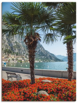 Artland Wanddeko Leinwand Bilder Wandbild 45 x 60 cm Natur Pflanzen Palme Pier Promenade Idyll See Gardasee Berge S&uuml;dtirol Italien Q3BO