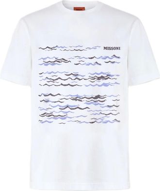 Missoni Homme, Tops, Blanc, Taille: XL T-shirt en coton &agrave; col rond avec imprim&eacute; vague et logo