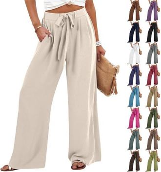 Generic Pantalon Palazzo en lin &agrave; jambes larges pour femme - Pantalon Palazzo pour femme - Pantalon &agrave; taille &eacute;lastique avec poches - Pantalon de plage ample e