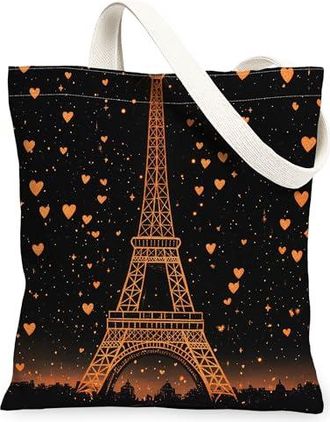 Generic Sacs fourre-tout vintage &eacute;l&eacute;gants en toile, motif Paris Tour de Paris Coeurs Sacs de courses r&eacute;utilisables, l&eacute;gers et lavables en toile pour voyage, p