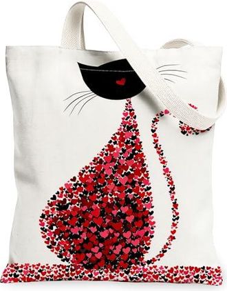 Generic Sacs fourre-tout en toile motif chat coeur, sacs &agrave; provisions r&eacute;utilisables, sac &agrave; provisions r&eacute;utilisable, l&eacute;ger et lavable, bandouli&egrave;re C, blanc, 13