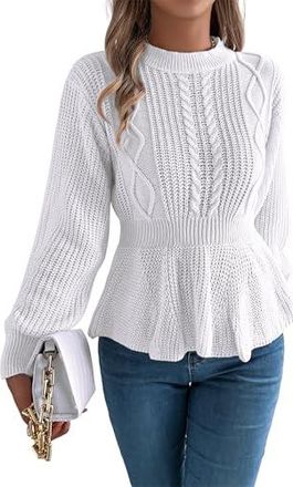 Generic Pull oversize en tricot torsad&eacute; &agrave; col rond pour femme - Couleur unie - Tricot fin - Serrage &agrave; la taille - Pull &agrave; manches longues et volants, blanc, XL