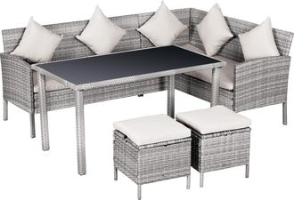 OUTSUNNY 5-TLG. Gartenmöbel Set, Rattan Sitzgruppe mit Fußhocker, Metall, Grau, 142 x 60 x 75 cm