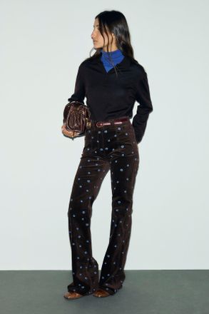 Gerard Darel Pantalon flare en velours &agrave; marguerites - ANNA - Marron