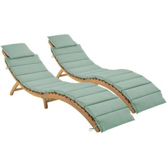 Sweeek Lot de 2 bains de soleil en bois dacacia LAURE avec coussin vert de gris en polyester. 184 x 55 x 63.5 cm