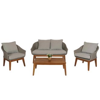 Mendler Gartengarnitur HWC-N37, Garten-/Lounge-Set Sofa Sitzgruppe, Poly-Rattan Holz Akazie - grau, Kissen hellgrau