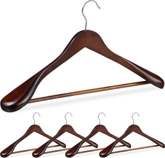 Relaxdays 20 x Anzug Kleiderbügel im Set, breite Schulter, 360° drehbarer Haken, Bügel mit Hosenstange, Holzkleiderbügel, braun