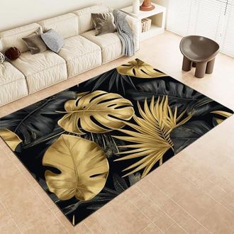 Generic Tapis Salon Or Noir pour Chambre Tapis Poils Ras Tropical Feuilles Végétales Motif Rectangulaire Antidérapant Tapis 60 x 90 cm Idéal pour Les Salons e