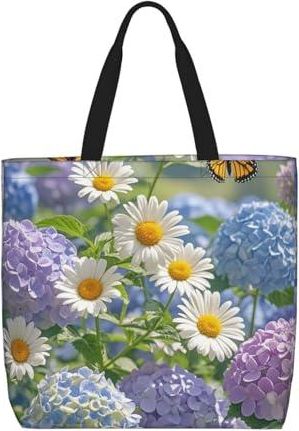 Generic Hortensias Marguerites Papillons Sac A Main Femmes L&eacute;ger Sacs De Courses Pliable Sac Fourre Tout Pour Gym Quotidienne Universit&eacute;