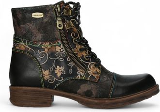 Laura Vita Laura Vita Anita 006 Schwarze Damenstiefeletten aus Leder im Gothic-viktorianischen Stil mit Blumenmuster