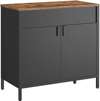Songmics Meuble de Rangement, Buffet, en Métal, Double Porte, Fermeture Magnétique, Cadre en Acier, 40 x 80 x 76 cm, Marron Rustique et Noir LSC102B01
