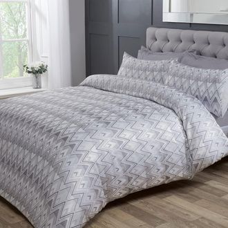 Sleepdown Chevron-Jacquard-Bettwäsche-Set mit Zickzack-Motiv, geometrisch, gestreift, Hellgrau-Weiß, Luxus-Bettwäsche-Set mit Kissenbezügen - King (220 cm x 230
