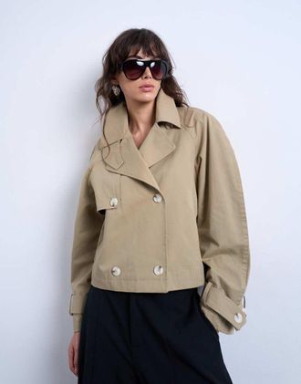 Topshop Kurzer Baumwoll-Trenchcoat in Beige mit ovalen &Auml;rmeln-Neutral