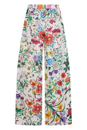 Gucci Womens Palazzo Silk Trousers White-Multicolour Wide-Leg White/multicolour