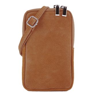 modamoda.de T210 Damen Wildleder Rauleder Handytasche 6,7 Zoll Umh&auml;ngetasche handmade in Italy, Farbe:Cognac/Wildleder