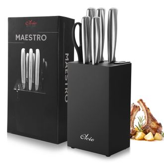 Oleio Oleio Maestro 6-teiliges Küchenmesser-Set mit schwarzem Messerblock | Kochmesser Set und Küchenschere aus Edelstahl | Block mit Messerschärfer | Edels