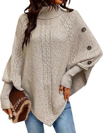Generic Poncho Pull en Maille pour Femme, Coupe Ample, col roul&eacute;, Style Cape Chaude, id&eacute;al pour lautomne et lhiver, Kaki, Taille M