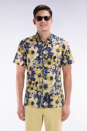 Eden Park Chemise À Manches Courtes En Popeline De Coton Marine Motif Floral Jaune Coupe Droite