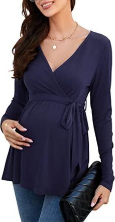 KOJOOIN Chemise dallaitement pour Femme Chemise de maternit&eacute; Col en V &agrave; Manches Longues Hauts dallaitement avec Ceinture V&ecirc;tements de maternit&eacute;,Bleu fonc&eacute; (Ma