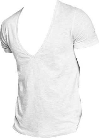 dPois T-Shirt Col V Profond pour Homme T-Shirt Slim fit Fitness Sexys Tops Casual T-Shirts de Musculation Gym Sport M-2XL Blanc 2XL