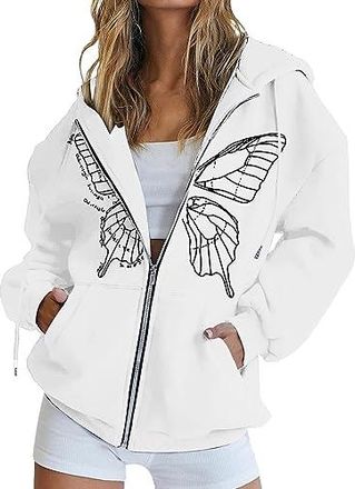 Generic Veste polaire pelucheuse pour femme 2025 - Sweat à capuche imprimé papillon - Veste rembourrée ample à fermeture éclair - Vêtement dextérieur pelucheu