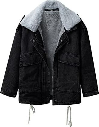 Generic EATAN Veste en jean pour femme - Veste dhiver chaude - Veste bomber pour femme - Manteau dhiver &eacute;pais et l&eacute;ger, X01 - Noir, XL