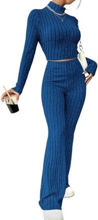 TOMWELL Ensemble Femme 2 Pièces Manches Longues Crop Top et Pantalon Survêtements Slim Fit Casual Outfit Sets B Bleu Foncé XS