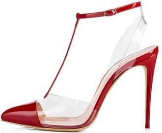 Generic Sandales à Talons Hauts à Bout Pointu et Bride à la Cheville pour femme, Sandales Sexy en Pvc à Talons Aiguilles et Brides en T avec Rivets pour Soiré