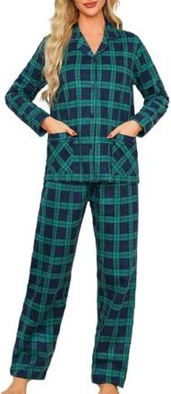 Mia Lucce Pyjama long pour femme avec boutonnière, pyjama en flanelle pour femme - Haut doux et pantalon de pyjama - Deux pièces - Tailles XS à XL, Grille verte