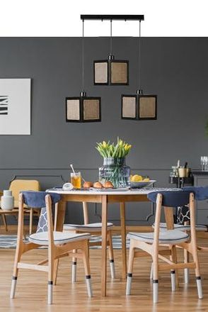 Opviq Elegant FIR Wood Chandelier, Adjustable Height, Black & Rattan, 70 cm Total Height, 55 cm Base Plate, E27 Socket, Natural Fabric Cap | Stylish Lightin