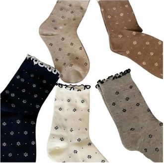 Generico 5 paires de chaussettes avec noeud en dentelle de dessin anim&eacute;, chaussettes mi-mollet printemps automne pour femme, 5 Pairs Mix Color, Taille Unique