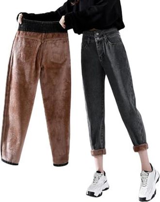 ORANDESIGNE Jean Polaire Femme Taille Haute Jean Chaud Hiver Jeans Doubl&eacute; Polaire Jeans Thermique Sarouel A Gris L