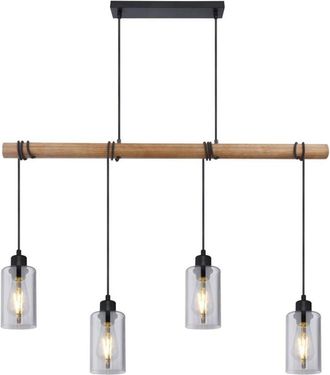 ETC Shop Suspension lampe de salle &agrave; manger en bois suspension lampe suspension en bois lampe suspendue table &agrave; manger, verre fum&eacute;, 4x E27, LxH 98x130 cm
