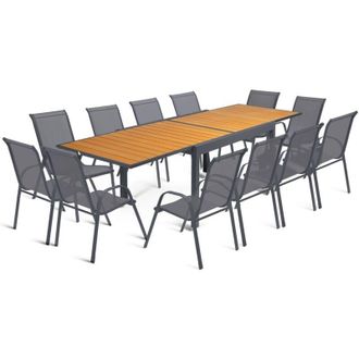 IDMarket Salon de jardin poly extensible table 135-270 cm et 12 chaises bois et gris fonc&eacute;
