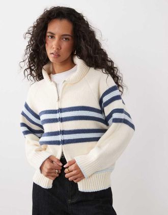 Kiwi & Co gilet zipp&eacute; &agrave; rayures devant en cr&egrave;me et bleu-Blanc