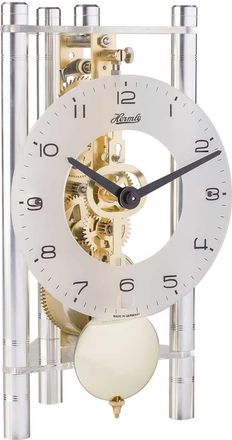 Hermle Skelett-Tischuhr mit eloxierten Aluminiumsäulen - Dreieck 23022-X40721, arabisches Zifferblatt Glas, Silber, Werk Messing, 19,5cm x 11cm x 9cm