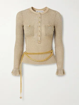 Self Portrait Haut En Mailles Côtelées Métallisées À Volants Et À Ceinture - Doré