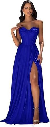 Generic Robes de bal en satin longue sans bretelles avec poches, corset trap&egrave;ze, robes de soir&eacute;e formelles avec fente, bleu marine, 10XL Grande taille