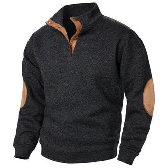 Generic Pull en tricot torsad&eacute; &agrave; col montant pour homme, pull &agrave; col montant 1/4 de bouton, sweat-shirt jacquard tricot&eacute; avec patch au coude, Noir, 3XL
