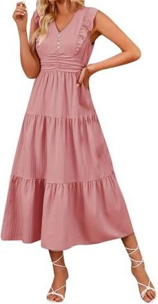 Generic Robe d&eacute;t&eacute; 2026 d&eacute;contract&eacute;e pour femmes - Robe midi sans manches avec col en V et &eacute;paules volant&eacute;es - Robe trap&egrave;ze fluide &agrave; volants et &agrave; volants - Rob