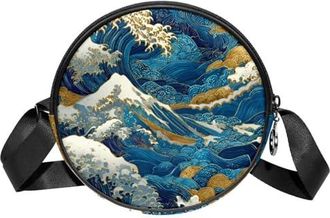 Generic Sac &agrave; bandouli&egrave;re rond pour femme, style japonais, motif vague, petit sac &agrave; dos &agrave; bandouli&egrave;re avec fermeture &eacute;clair, bretelles r&eacute;glables, sac &agrave; main r