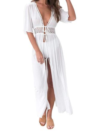Minetom Damen Sommer Boho Kimono Lang Strand Cardigan Leichte Strickjacke Beachwear Bikini Cover Up Spitze Maxi Strandkleid B Wei&szlig; L