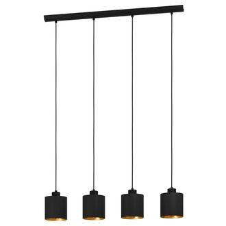 Eglo Pendelleuchte Esstisch Zaragoza, 4-flammige H&auml;ngelampe f&uuml;r Wohnzimmer und Esszimmer, Esszimmerlampe mit Stoff-Schirm in schwarz und gold mit Dekor, E2