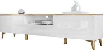 Mirjan24 TV-Lowboard Aioren 2D1S mit 2 Türen und Schublade, Goldene Akzente, Push to Open, Fernsehschrank, Fernsehtisch, TV Schrank TV Bank (Weiß/Weiß Hochglan