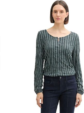 Tom Tailor Damen Longsleeve in Crinkle-Optik, 36552 - Contemporary Navy Check, XXXL