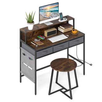 Costway Computertisch mit Steckdosen, Computerschreibtisch mit Monitorst&auml;nder, Stoff-Schubladen, Seitentaschen, Schminktisch mit Hocker f&uuml;r Arbeitszimmer, Sch