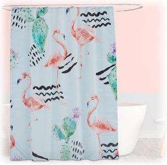 Relaxdays Duschvorhang Flamingos, Bad Vorhang 180x200, Anti-Schimmel, waschbar, 12 Ringe, Badewannenvorhang, Mehrfarbig