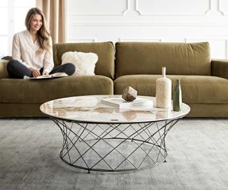 DELIFE Couchtisch Lassina 100x100 cm Keramik Minas Melange Weiß-Beige Gestell Metall Effektfinish Titan, Couchtische