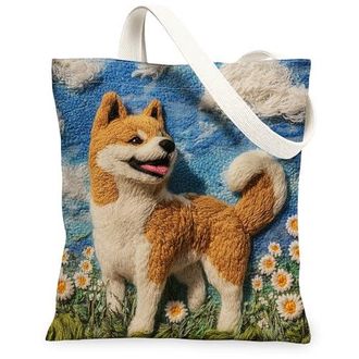 Generic Sac fourre-tout en toile motif chien Shiba Inu de printemps pour faire du shopping, 33 x 38,1 cm, sac d&eacute;picerie r&eacute;utilisable pour femme, sac d&eacute;picerie